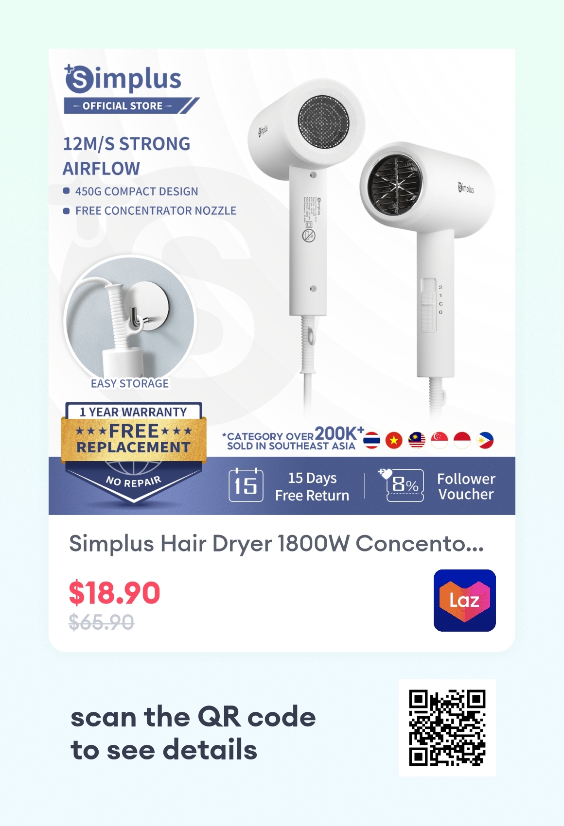 Simplus Hair Dryer 1800W Concentor Nozzle Hanging Hook Fast Dry Hot ...