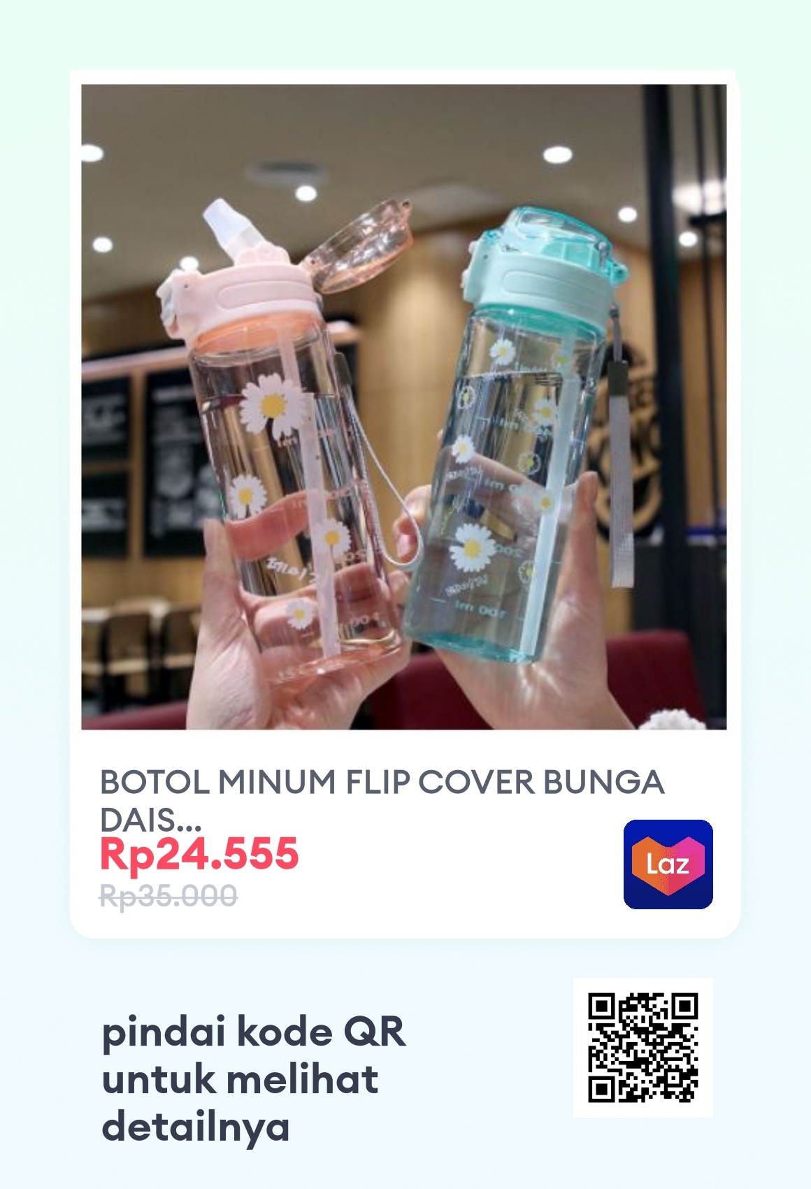 BOTOL MINUM FLIP COVER BUNGA DAISY TRANSPARANT 600 ML - BOTOL MINUM ...