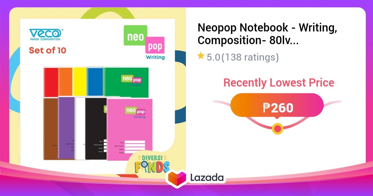 Neopop Notebook - Writing, Composition- 80lvs each - 10's, 6's