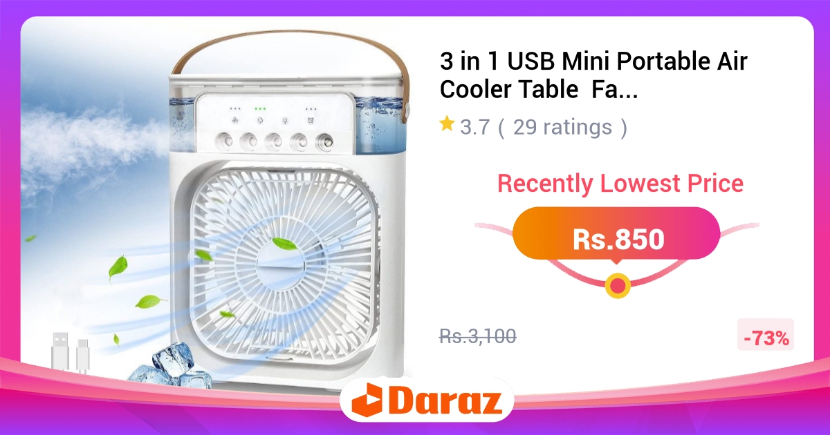 3 in 1 USB Mini Portable Air Cooler Table Fan With Ice Water ...