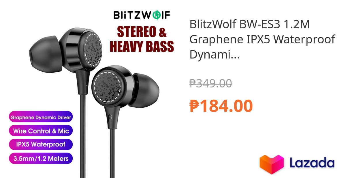 BlitzWolf BW-ES3 1.2M Graphene IPX5 Waterproof Dynamic Driver 3.5mm In ...