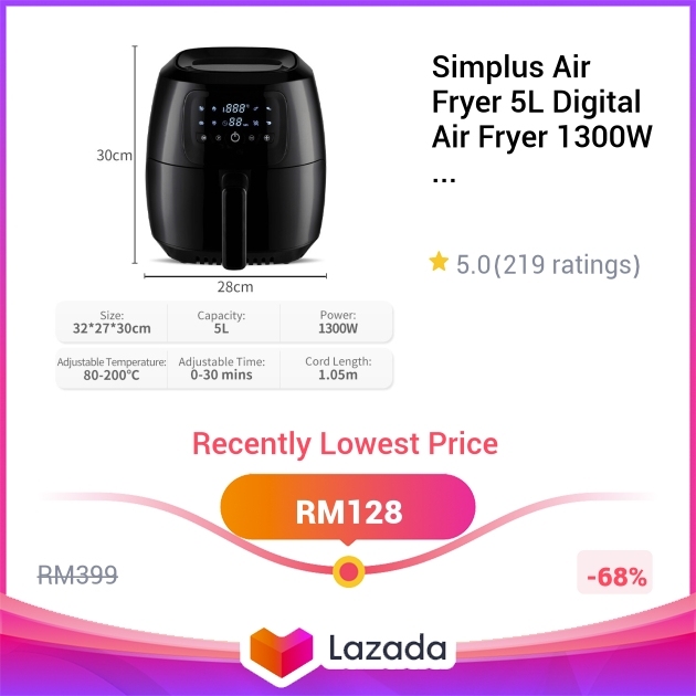 Simplus Air Fryer 5L Digital Air Fryer 1300W 8 Preset Menus Touch ...