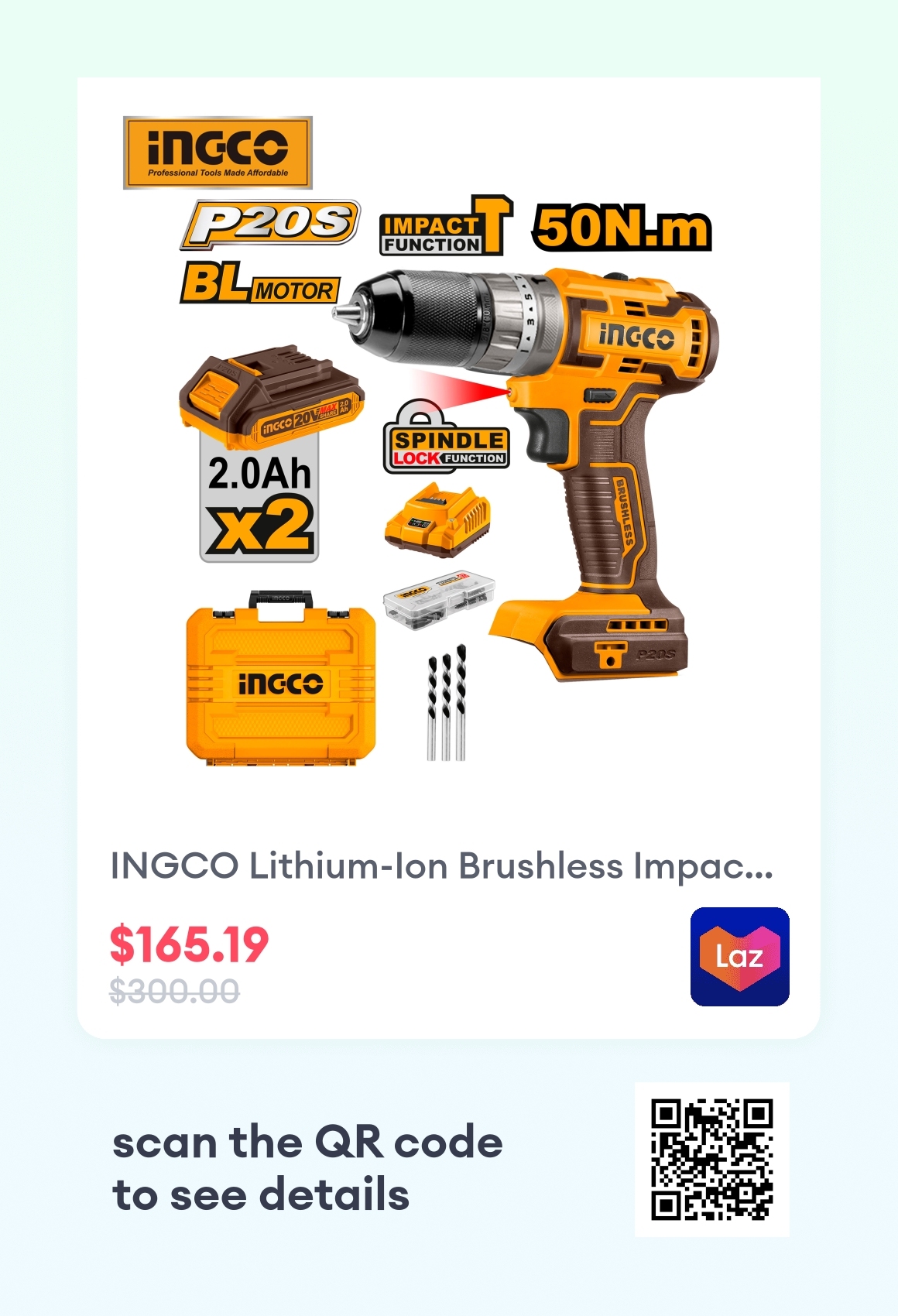 INGCO Lithium-Ion Brushless Impact Drill CIDLI20508 with Battery and Charger 47 Pcs Accessories