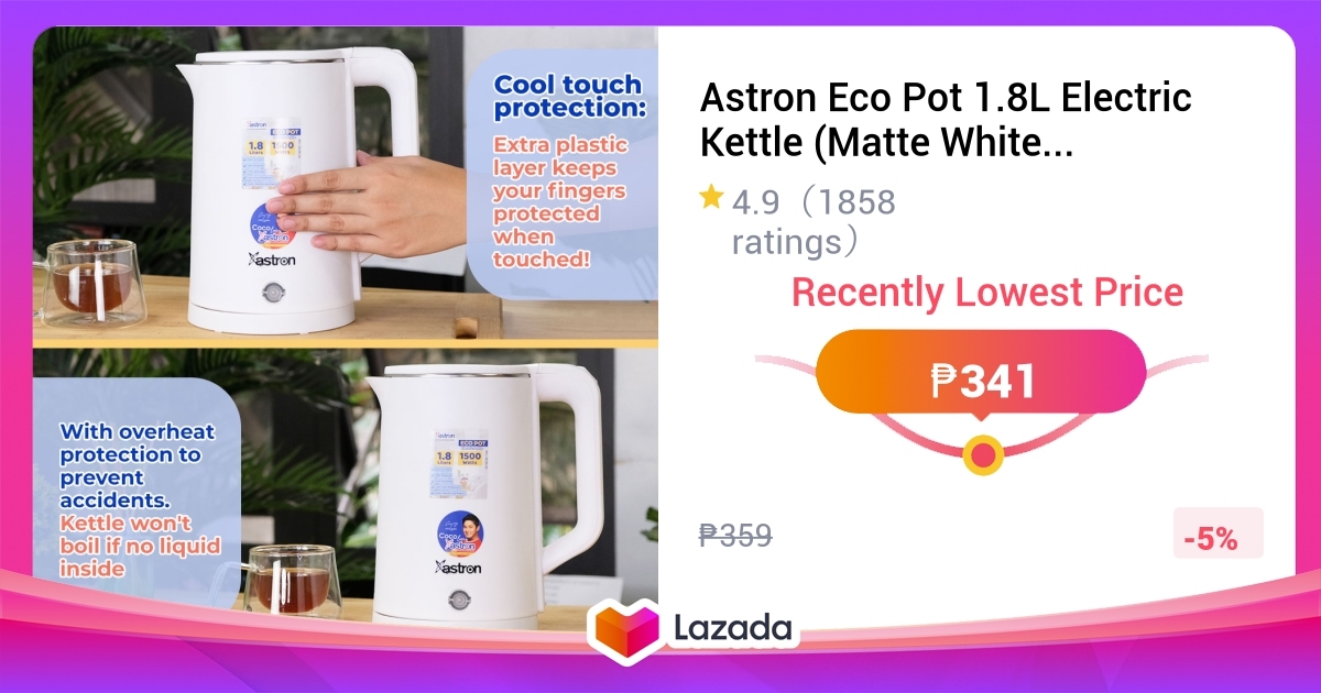 Astron Eco Pot 1.8L Electric Kettle (Matte White) | Cool Touch ...