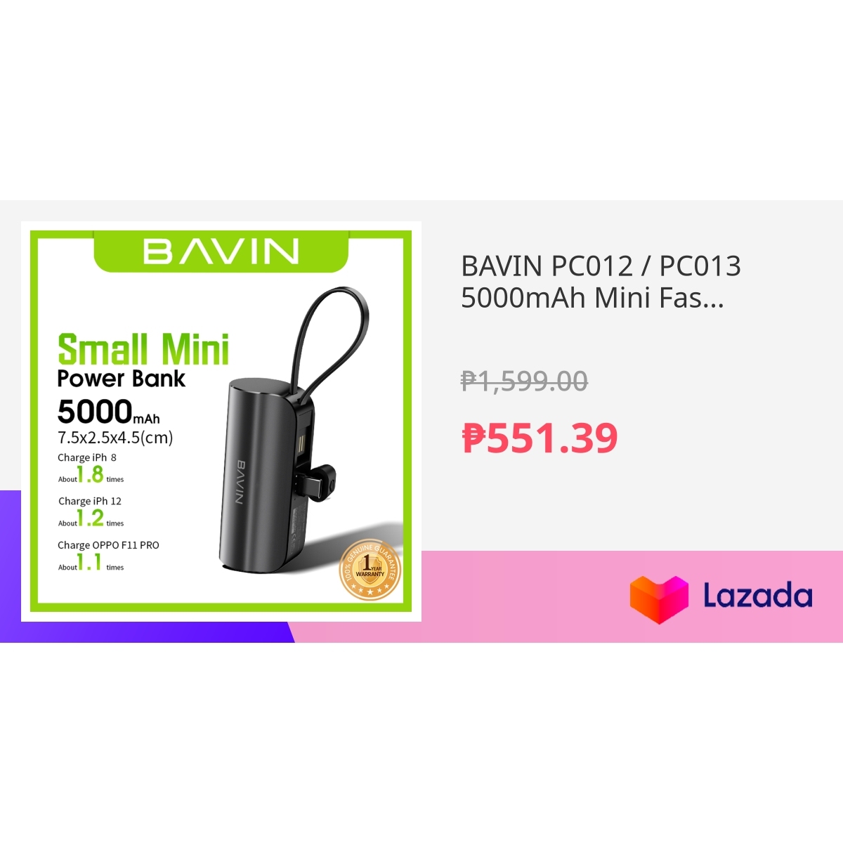 BAVIN PC012 / PC013 5000mAh Mini Fast Charge Portable Power Bank w ...