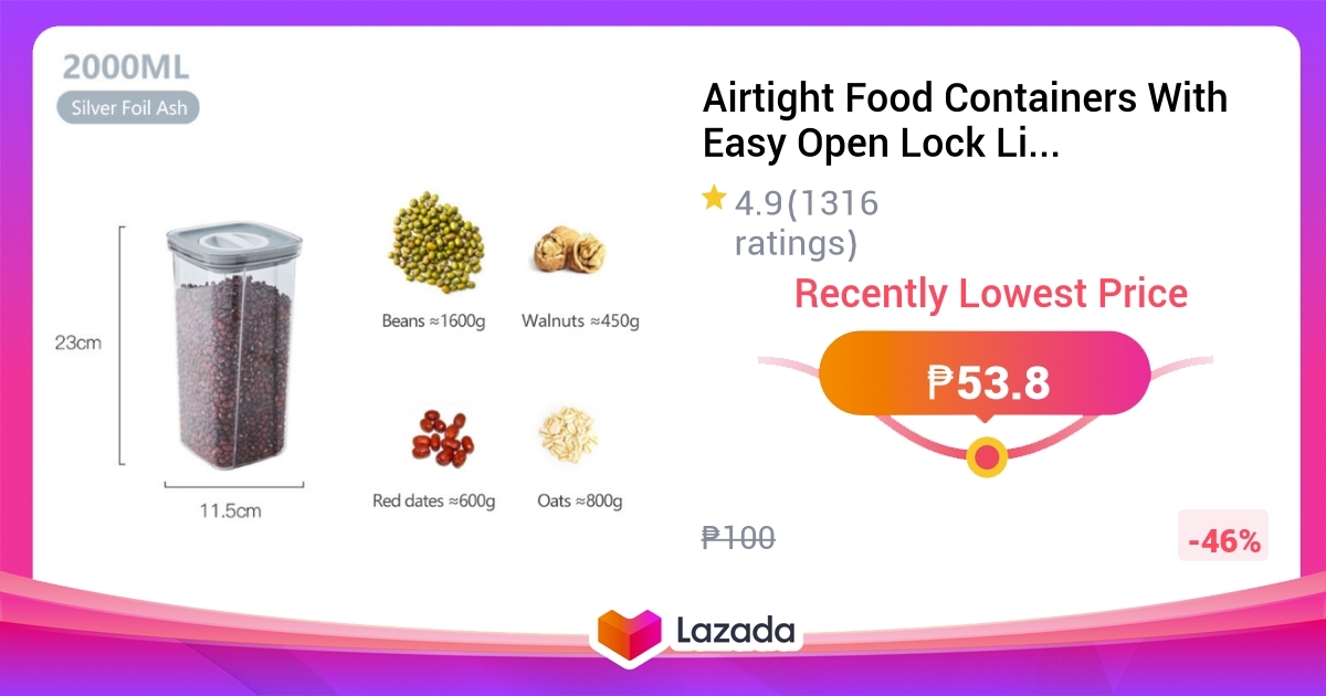 Airtight Food Containers With Easy Open Lock Lid Dry Food Candy Pasta ...