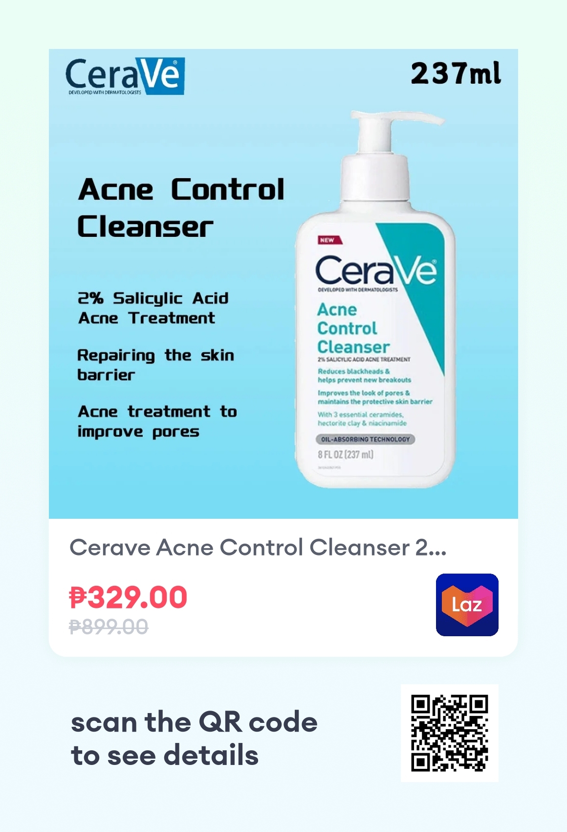 Cerave Acne Control Cleanser 2% Salicylic Acid Remove Acne Face Cleanser Repair Skin Face Care ...