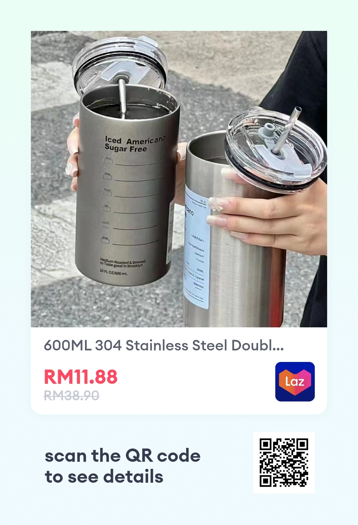 600ML 304 Stainless Steel Double layer Cooler Coffee Cup Portable Reusable Thermos Water Bottle ...