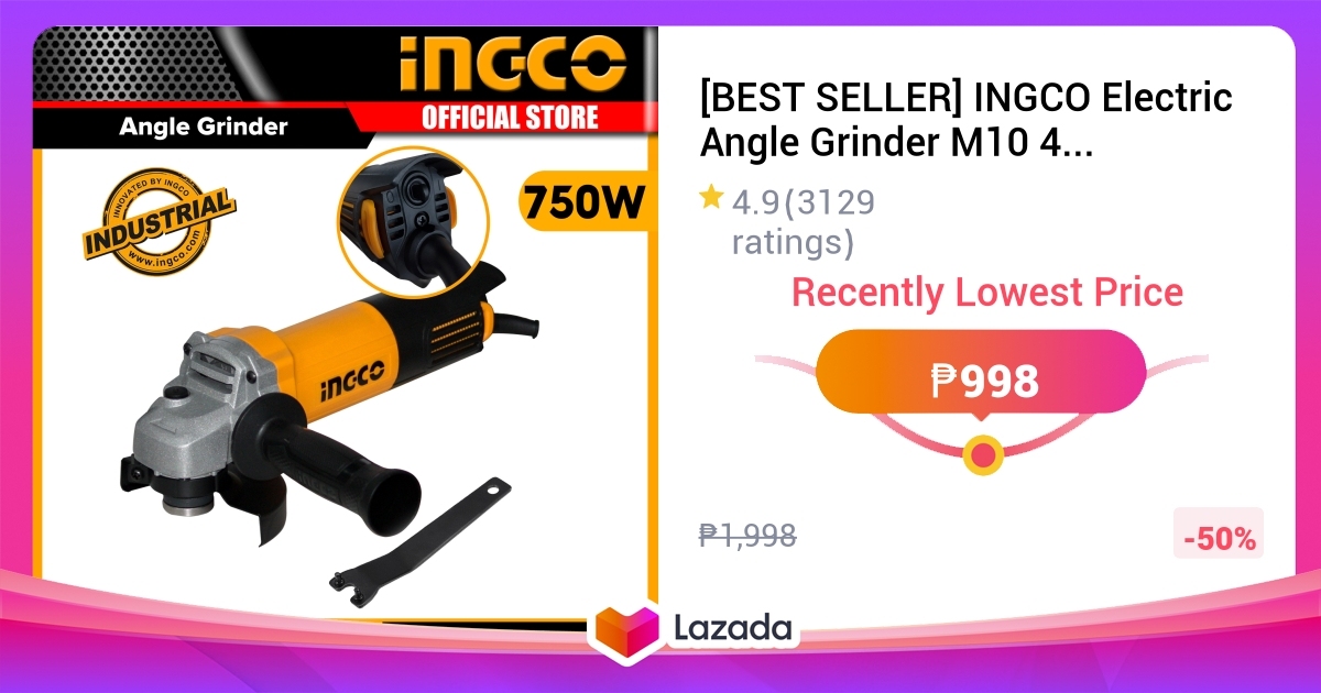 [BEST SELLER] INGCO Electric Angle Grinder M10 4" AG750162 750W with ...