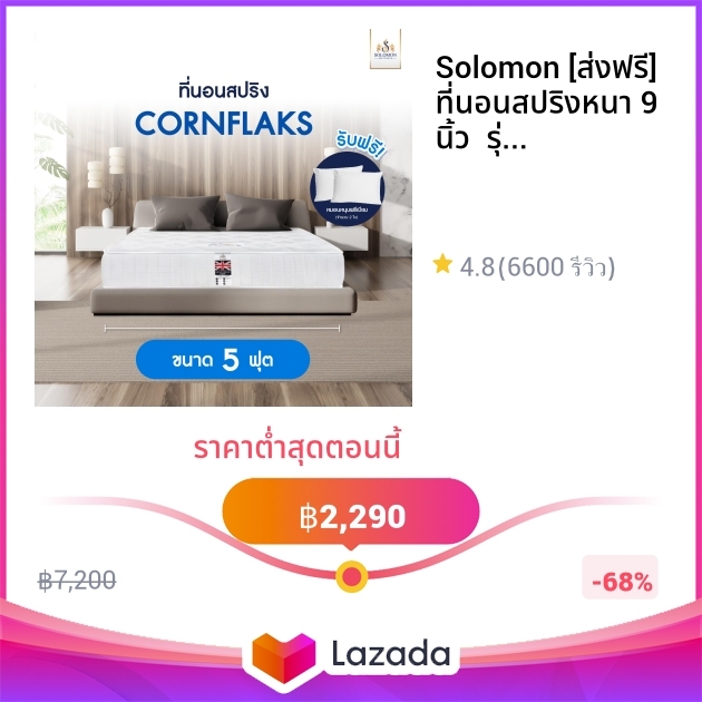 Solomon [ส่งฟรี] ที่นอนสปริงหนา 9 นิ้ว รุ่น Cornflaks นุ่ม นอนสบาย แถมฟรีหมอนหนุนใบใหญ่