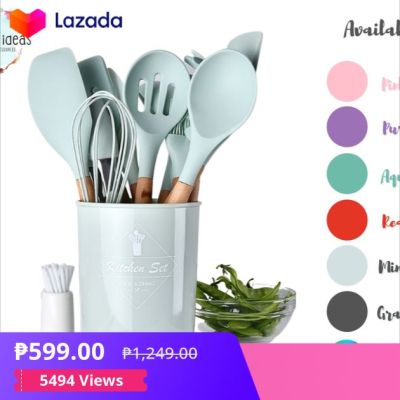 EZ Home Ideas 12 Pc Wooden + Silicone Kitchen Utensils / Cooking Tools ...