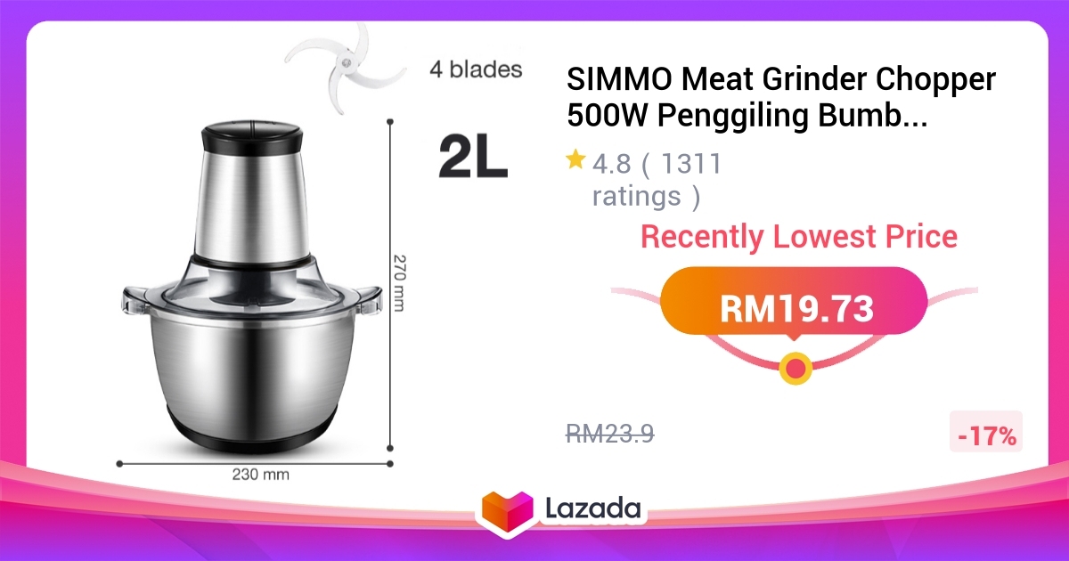 SIMMO Meat Grinder Chopper 500W Penggiling Bumbu Daging Sayur Buah ...