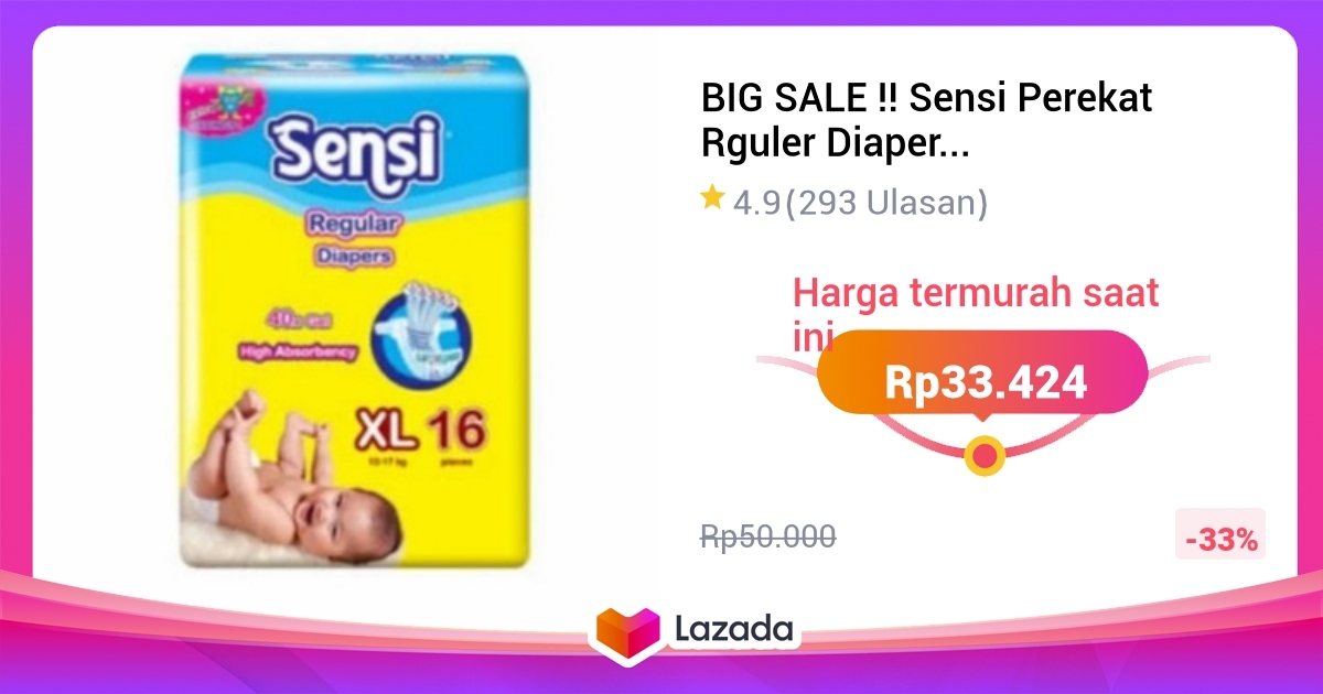 BIG SALE !! Sensi Perekat Rguler Diapers S20/M20/L20/XL16