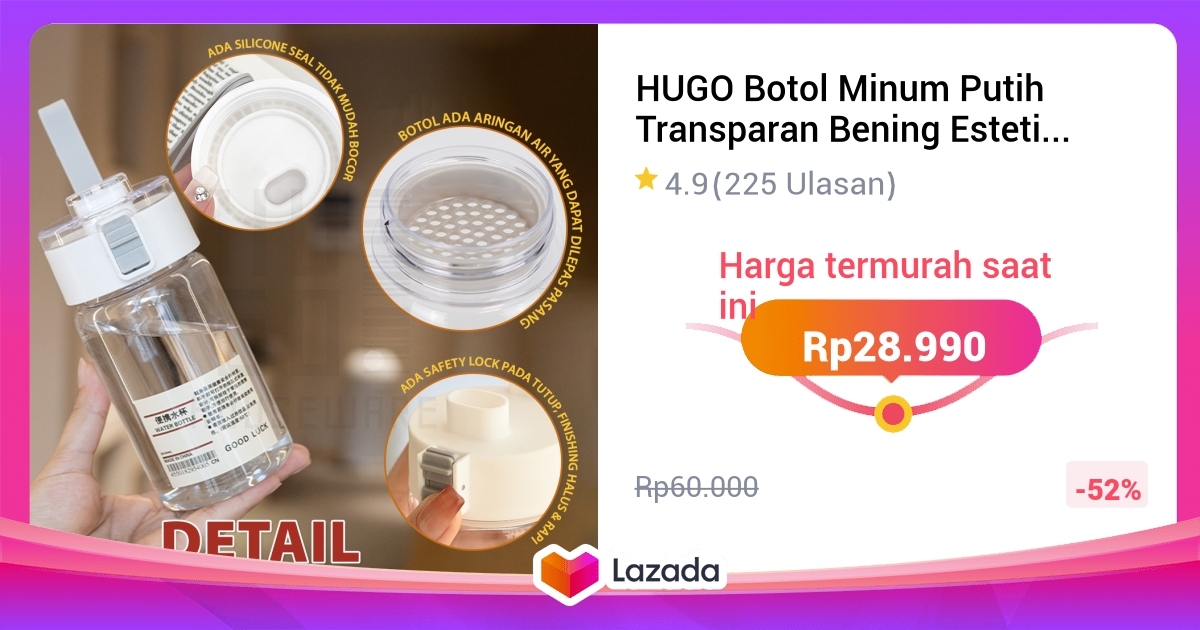 HUGO Botol Minum Putih Transparan Bening Estetik Botol Air Minum 350 ...