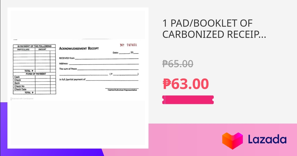 1 PAD/BOOKLET OF CARBONIZED RECEIPT 2PLY/DUPLICATE 50 SHEETS PER PAD ...