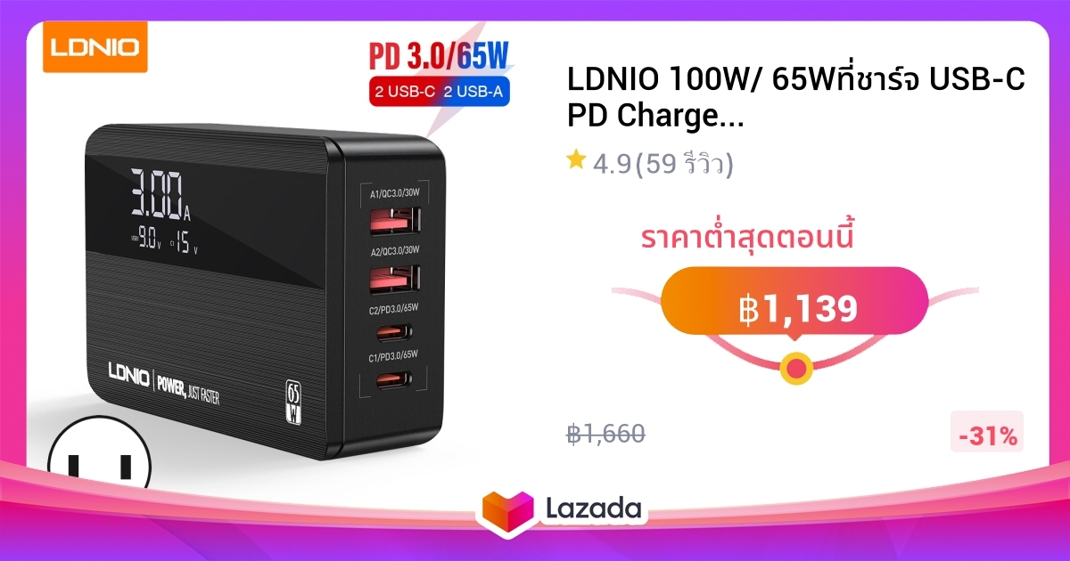 LDNIO 100W/ 65Wที่ชาร์จ USB-C PD Charger QC3.0ฉลาดการชาร์จอย่างรวดเร็ว ...