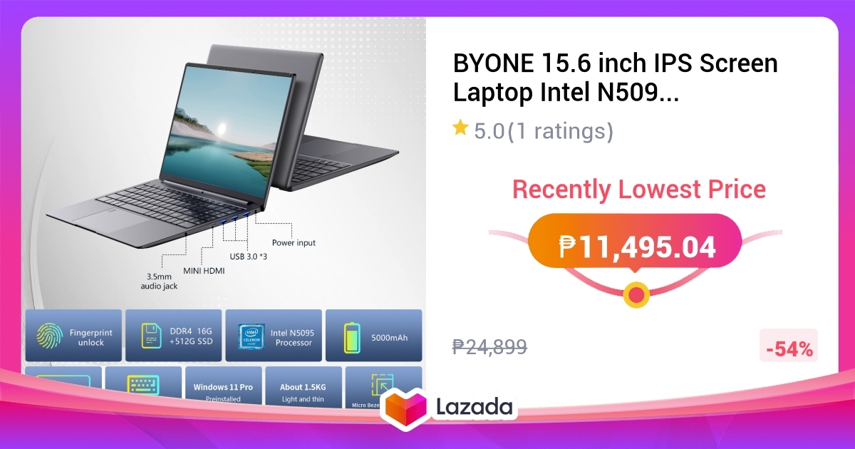 BYONE 15.6 inch IPS Screen Laptop Intel N5095 16G RAM 256G SSD ...
