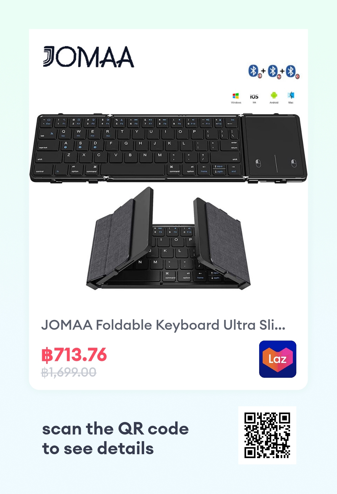 JOMAA Foldable Keyboard Ultra Slim Bluetooth Wireless Keyboard Folding ...
