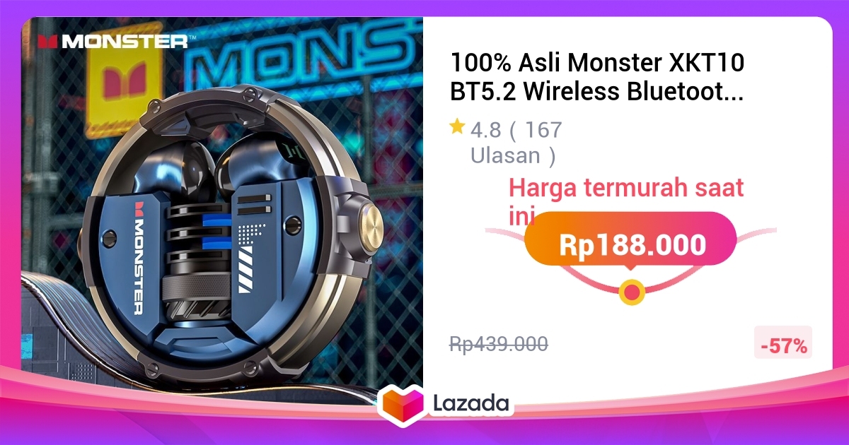 100% Asli Monster XKT10 BT5.2 Wireless Bluetooth Headset Olahraga ...