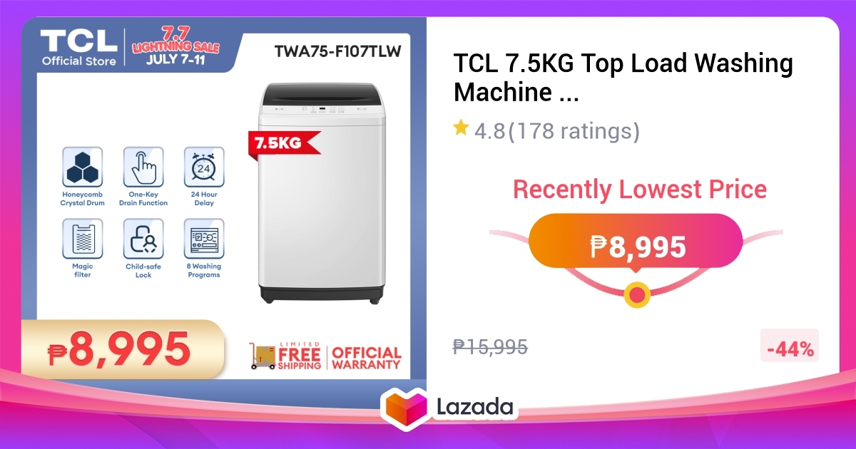 TCL 7.5KG Top Load Washing Machine - TWA75-F107TLW (Top-Lid Glass, 8 ...
