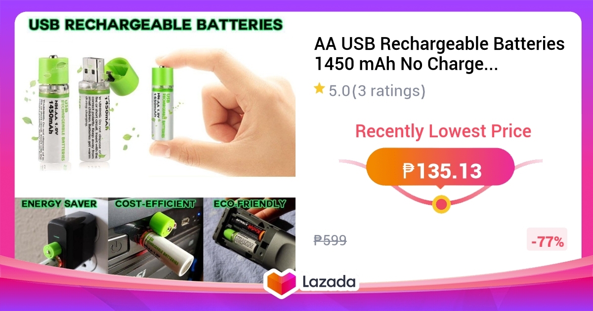 AA USB Rechargeable Batteries 1450 mAh No Charger Needed Quick Charge ...