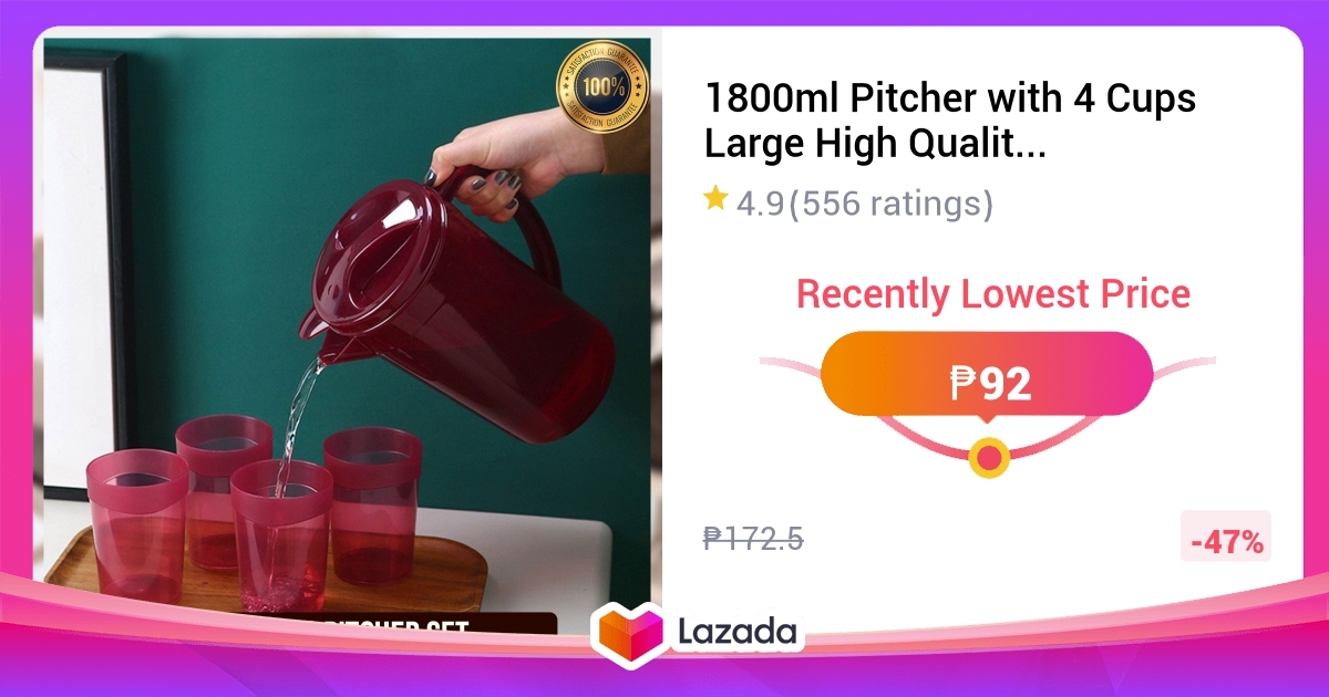 1800ml Pitcher with 4 Cups Large High Quality Fiberglass Pitcher with ...