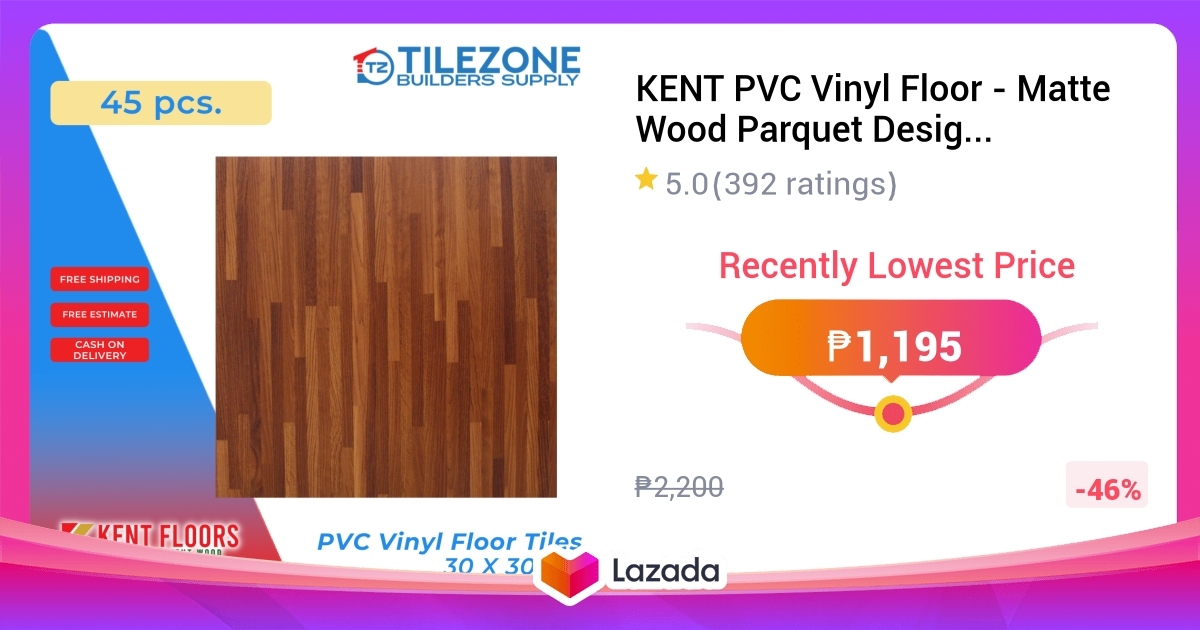KENT PVC Vinyl Floor - Matte Wood Parquet Design (45 pcs.) - 30x30 cm 1 ...
