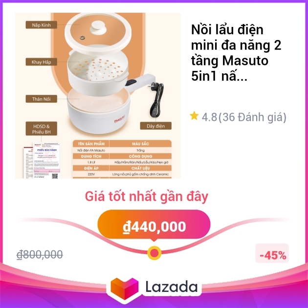 Nồi lẩu điện mini đa năng 2 tầng Masuto 5in1 nấu nhiều món 1,8L có vỉ hấp bảng điều khiển điện ...