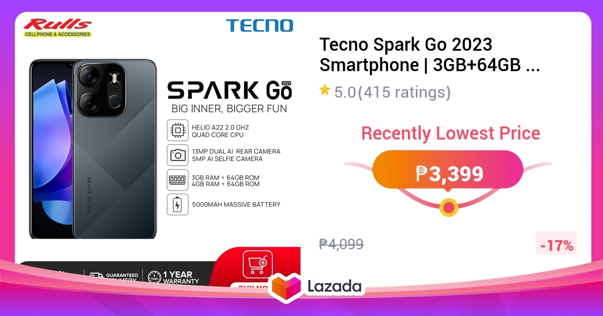 Tecno Spark Go 2023 Smartphone | 3GB+64GB / 4GB+64GB | Helio A22 CPU | 13MP Dual AI Camera ...
