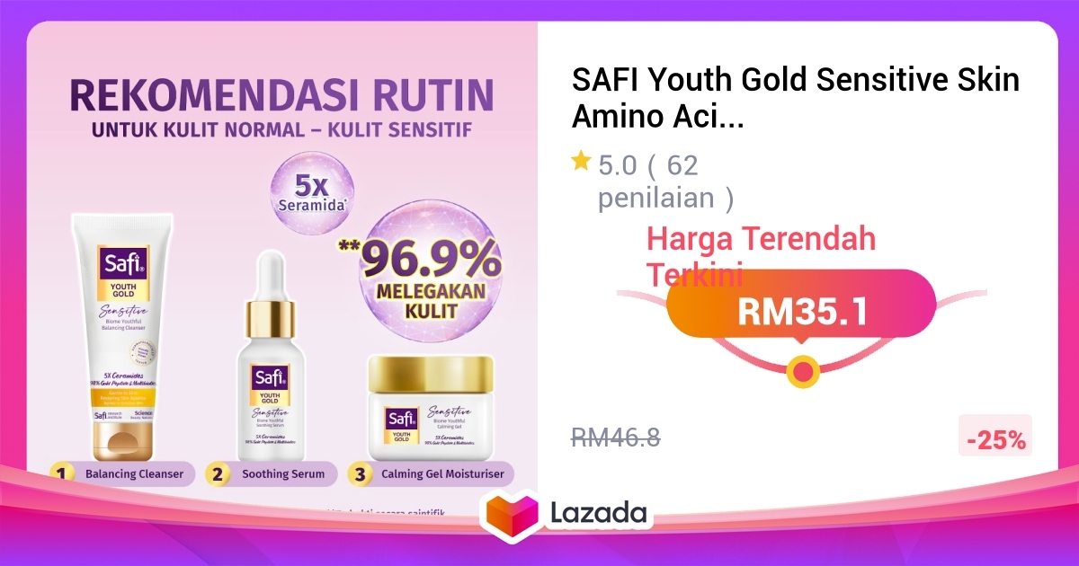 SAFI Youth Gold Sensitive Skin Amino Acid Cleanser 100g 5X Ceramide Low pH Moisturizing Repair ...