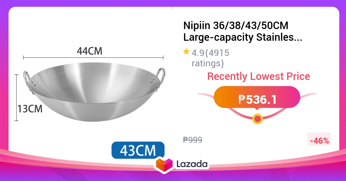 Nipiin 36/38/43/50CM Large-capacity Stainless Steel Wok With Double ...