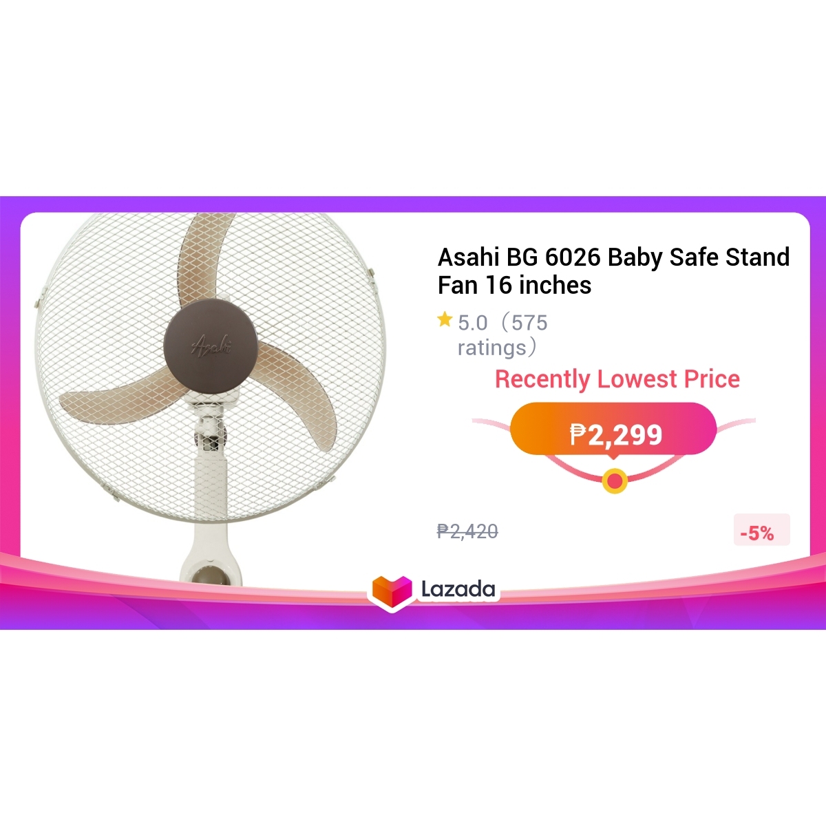 Asahi BG 6026 Baby Safe Stand Fan 16 inches