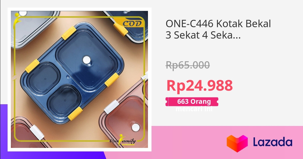 ONE-C446 Kotak Bekal 3 Sekat 4 Sekat Anti Tumpah Tempat Makan Lunch Box Free Sendok Food Grade Impor