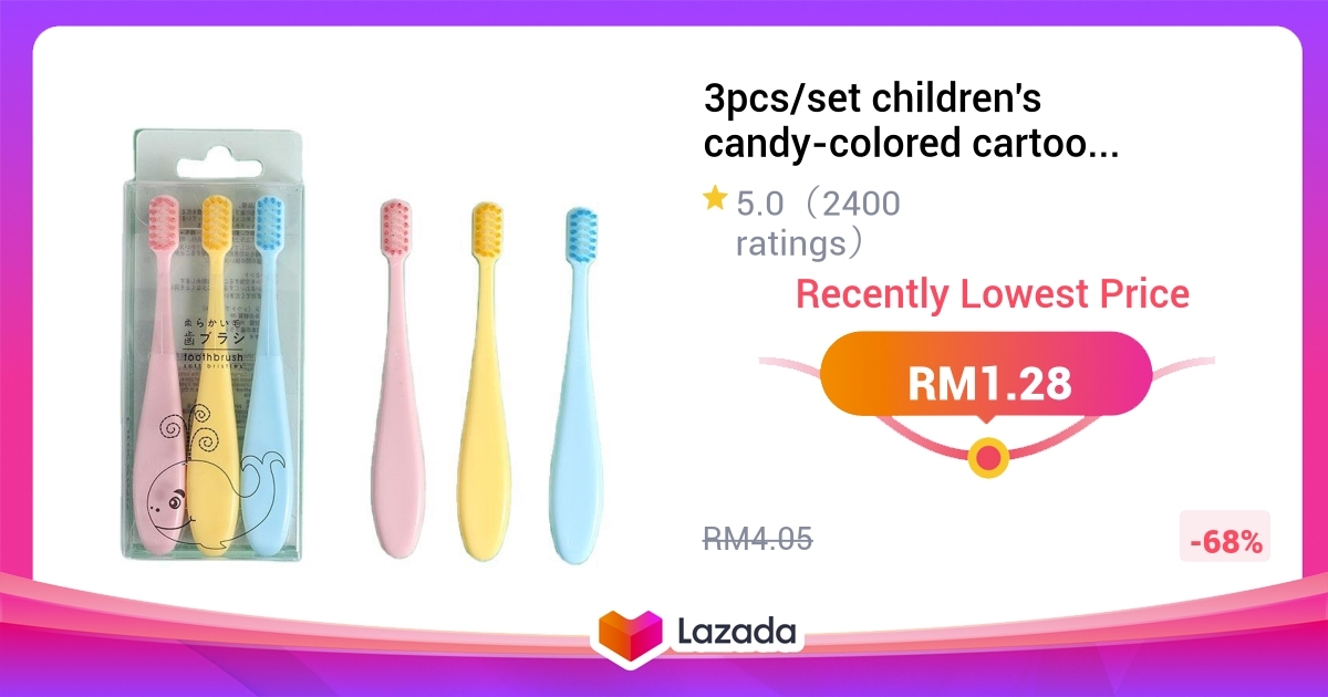 3pcs/set children's candy-colored cartoon toothbrushes with soft bristles