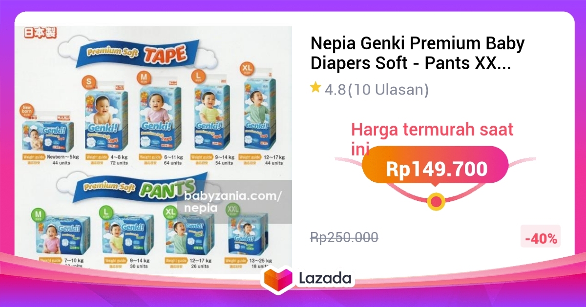 Nepia Genki Premium Baby Diapers Soft - Pants XXL 18
