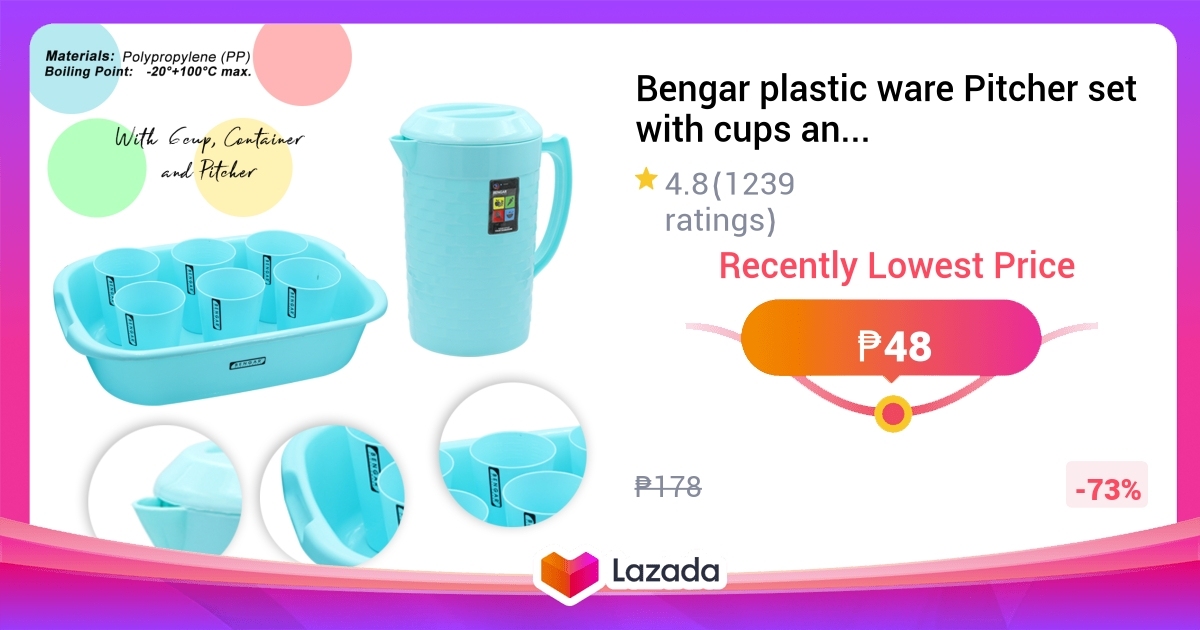 Bengar plastic ware Pitcher set with cups and dish pan heavy duty ...