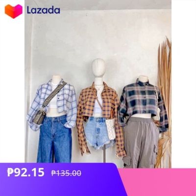 Vampire Crop Top Plaid Flannel Polo Jacket Longsleeves Button Down 6A0166