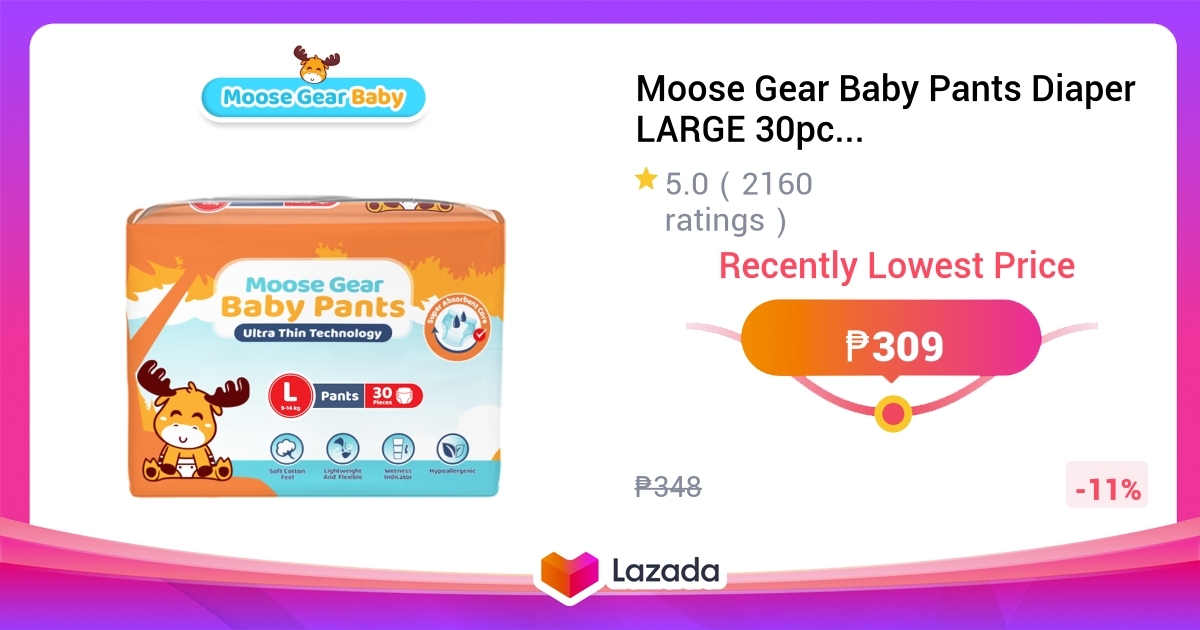Moose Gear Baby Pants Diaper LARGE 30pcs Hypoallergenic Super Absorbent ...