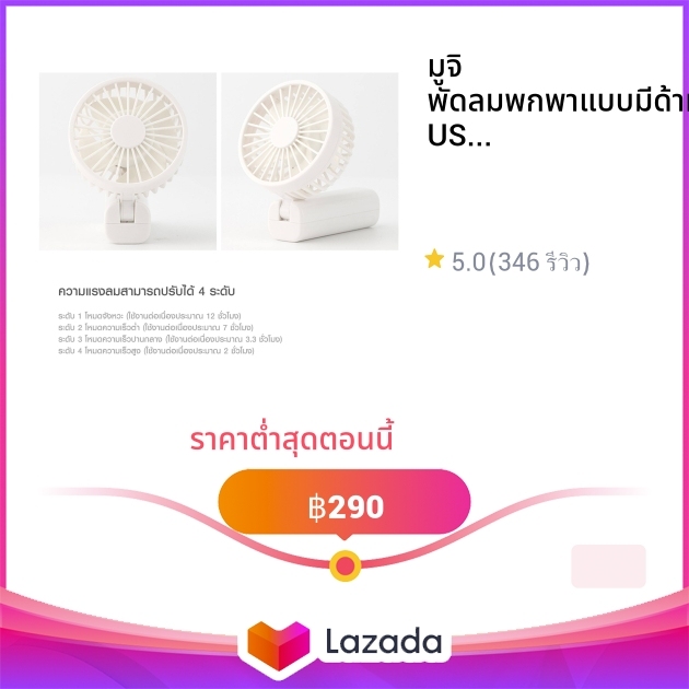 มูจิ พัดลมพกพาแบบมีด้ามจับพร้อมสายชาร์ต USB (ปรับได้ 4 ระดับ) - MUJI ...