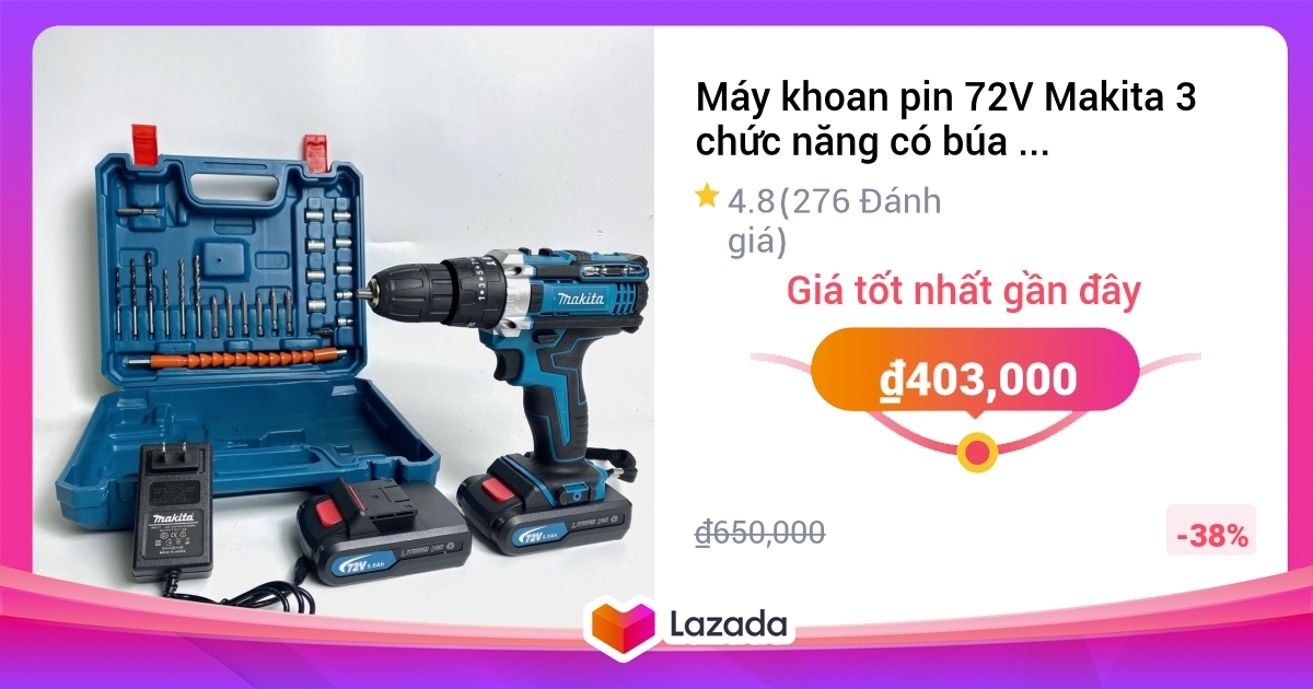 Máy khoan pin 72V Makita 3 chức năng có búa - Tặng kèm 24 chi tiết gồm các mũi khoan + Mũi bắt vít