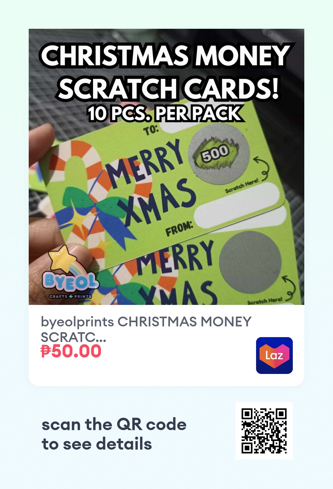 byeolprints CHRISTMAS MONEY SCRATCH CARD GIVE AWAYS 10PCS PER PACK