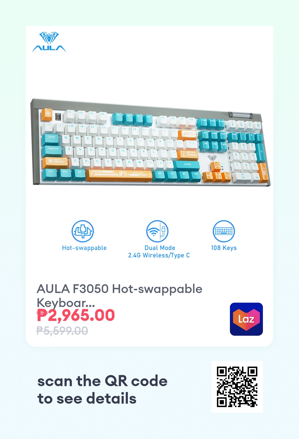 AULA F3050 Hot-swappable Keyboard Mechanical Keyboard Dual-mode 2.4G Wirelees Type C Wired ...