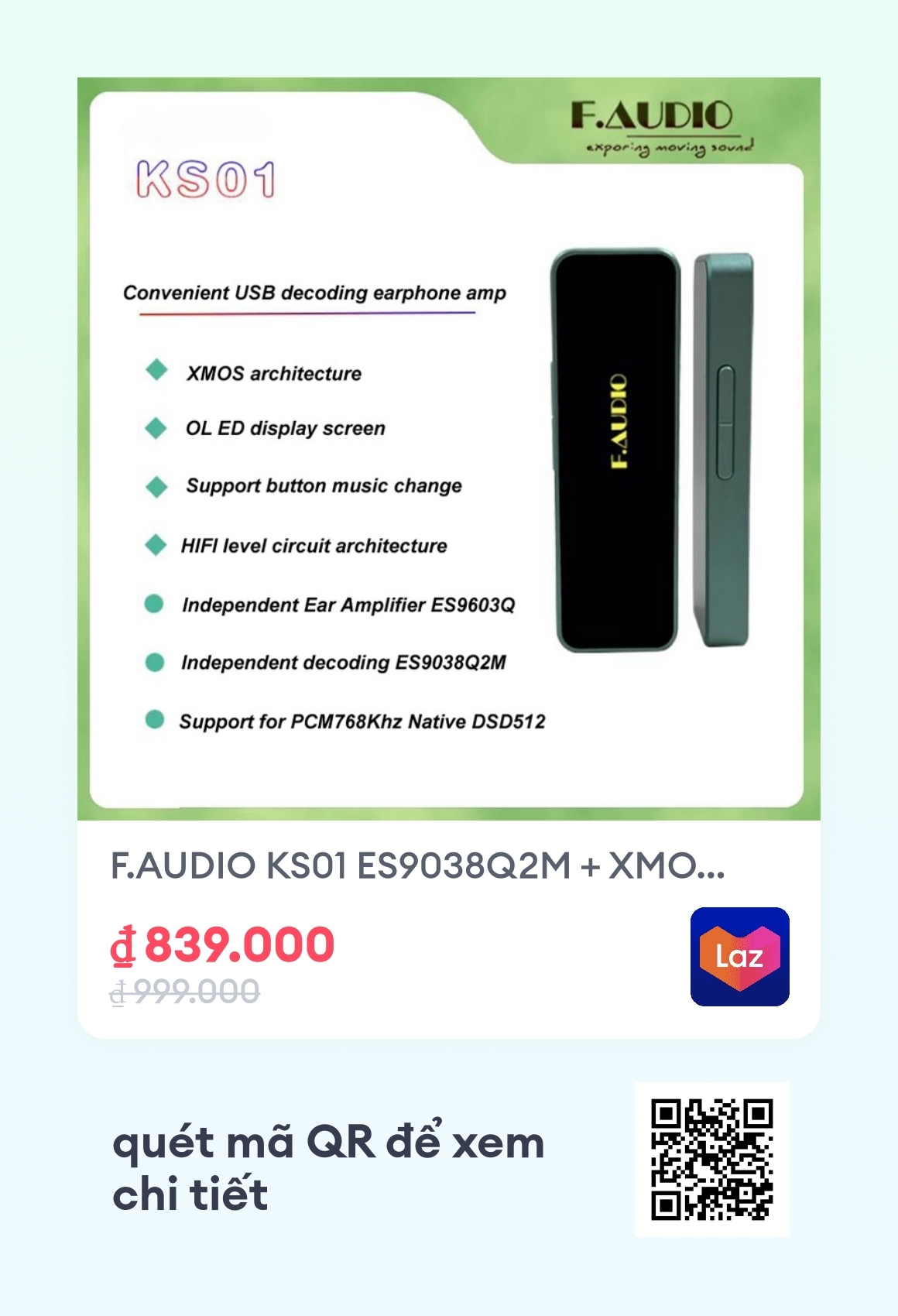 F. âm thanh KS01 es9038q2m + xmos Xách Tay USB giải mã Bộ khuếch đại ...