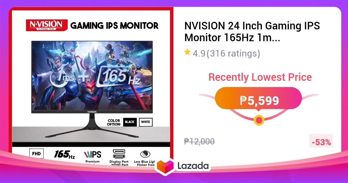 NVISION 24 Inch Gaming IPS Monitor 165Hz 1ms Frameless Flat FHD Desktop ...