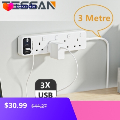 3 USB Port Power Strip Extension Socket with 2 M Extension Cord, TESSAN ...