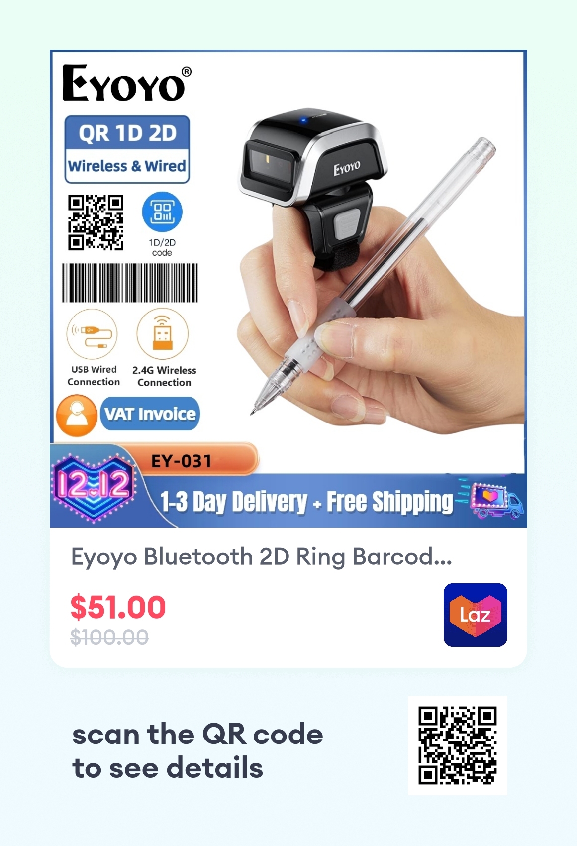 Eyoyo Bluetooth 2D Ring Barcode Scanner Mini Wearable Finger QR Code Scanner Left & Right-Handed ...