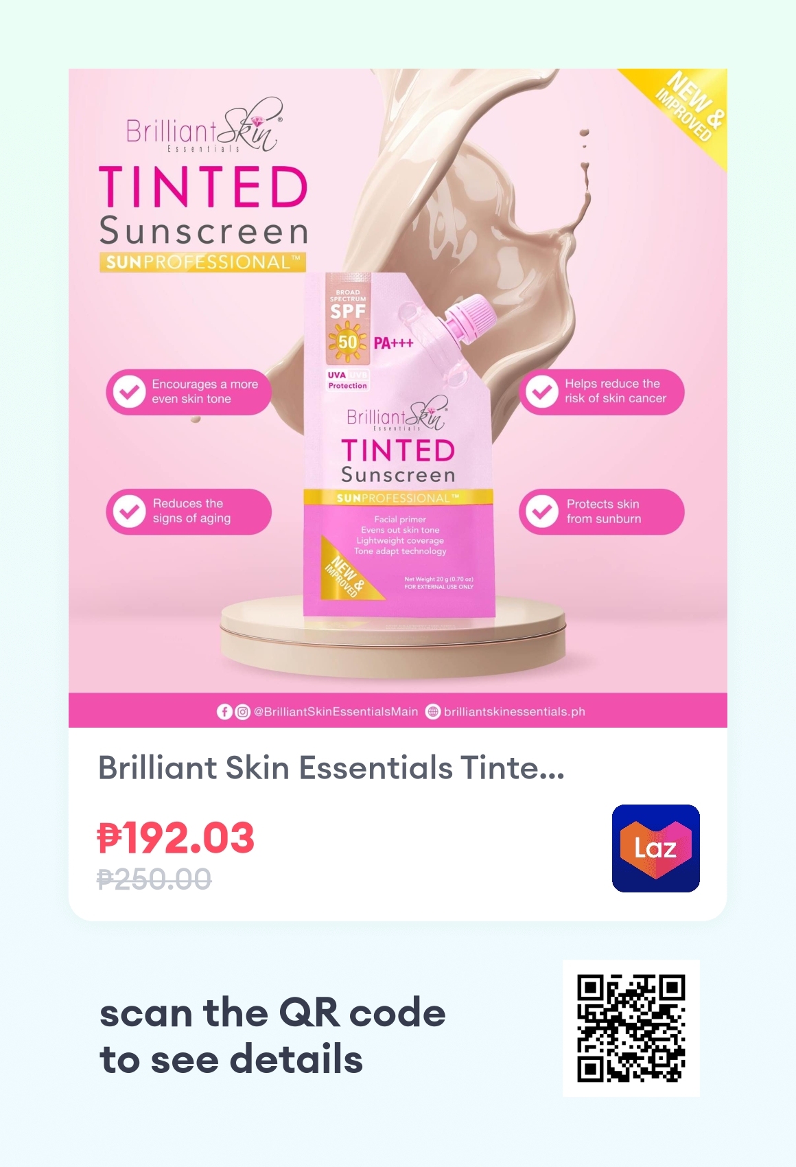 Brilliant Skin Essentials Tinted Sunscreen SPF 50 PA+++ 20g | UVA UVB ...