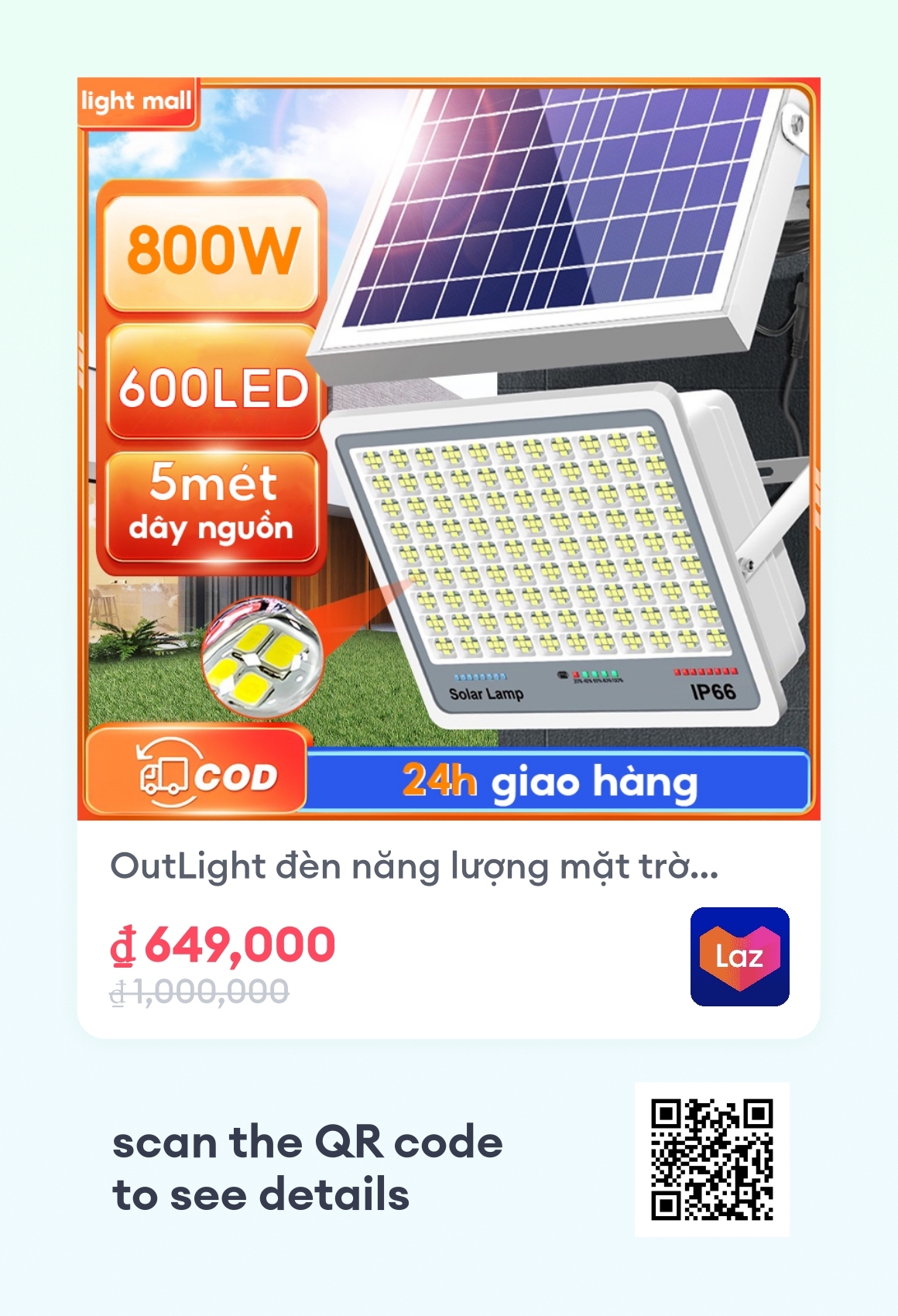 OutLight đèn năng lượng mặt trời 1200W đèn lét pin năng lượng mặt trời bóng có cảm biến tự động ...