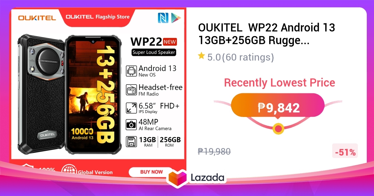OUKITEL WP22 Android 13 13GB+256GB Rugged Handphone 6.58“ FHD+ 10000mAh ...