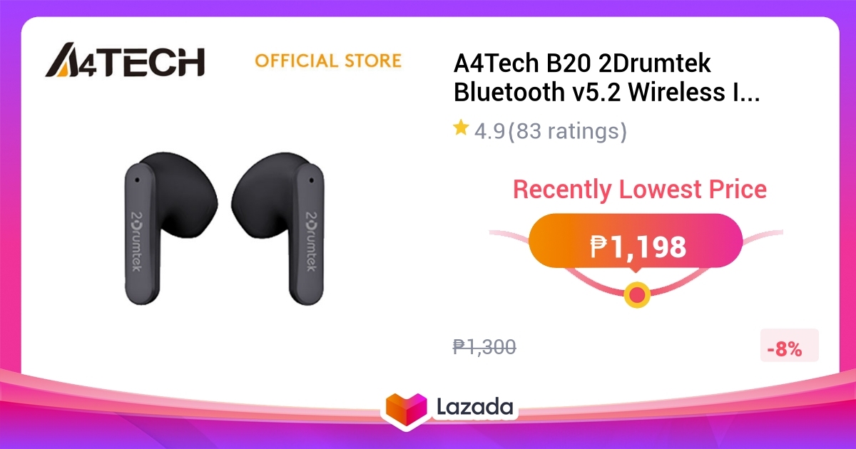 A4Tech B20 2Drumtek Bluetooth v5.2 Wireless In Ear Earphone Ash Grey